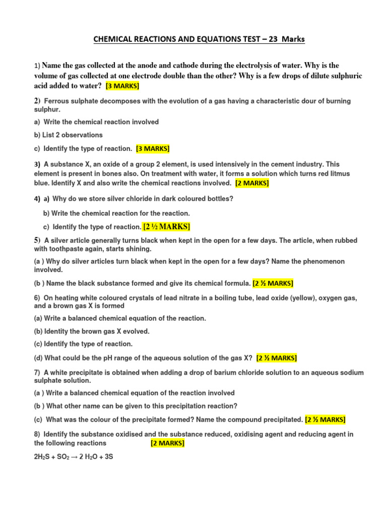 Chemical Reactions and Equation Test | PDF | Chemical Reactions ...