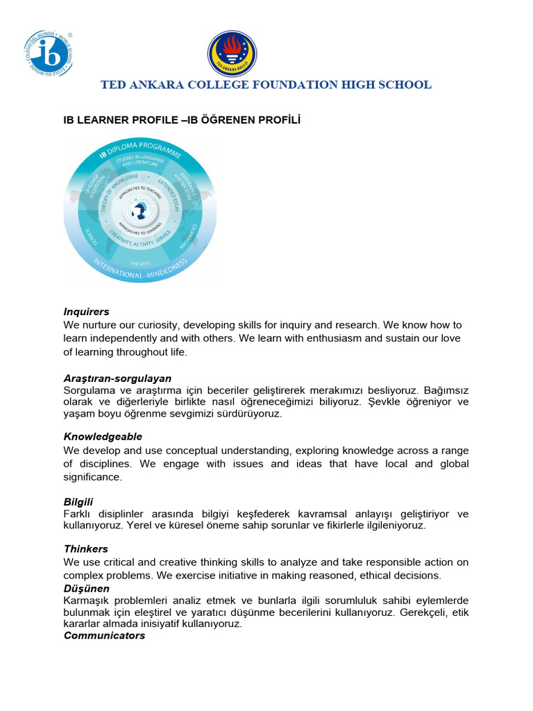 Ib Learner Profile - Ib Öğrenen Profi̇li̇ | PDF