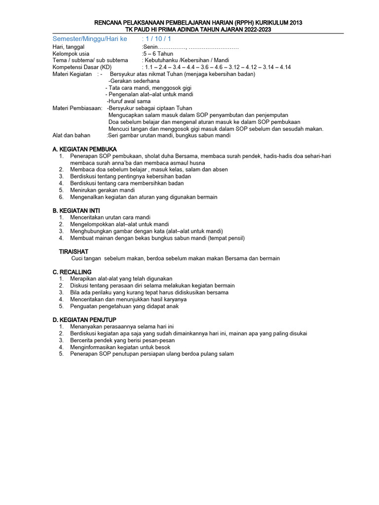 RPPH TK-B SMT1 Minggu - 10 - Kebersihan, Kesehatan, Keamanan | PDF