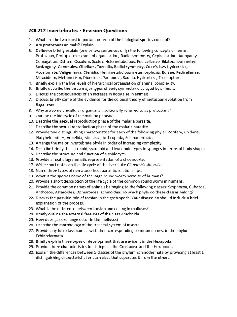 Invertebrate Zoology Revision Questions | PDF | Invertebrate | Biology