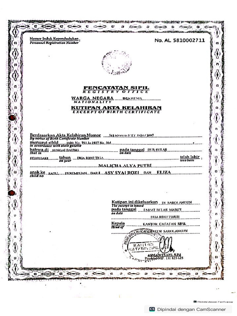Akte Kelahiran Malicha Alya Putri | PDF