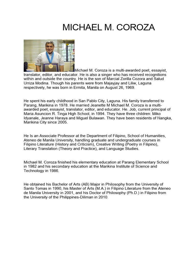 Michael M. Coroza: Poet and Educator | PDF | Classics