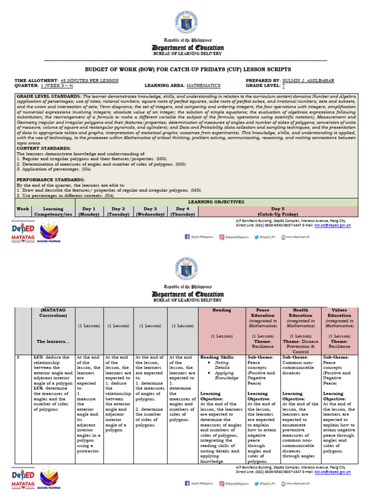 Department of Education: Budget of Work (Bow) For Catch-Up Fridays (Cuf) Lesson Scripts | PDF ...