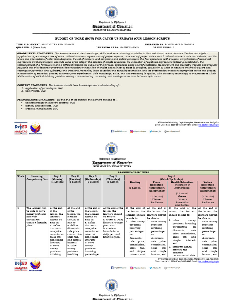 Department of Education: Budget of Work (Bow) For Catch-Up Fridays (Cuf) Lesson Scripts | PDF ...