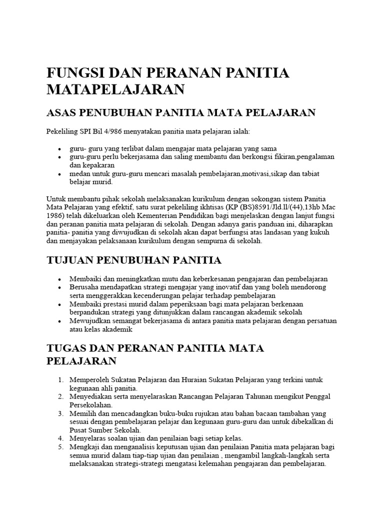 Fungsi Dan Peranan Panitia Matapelajaran | PDF
