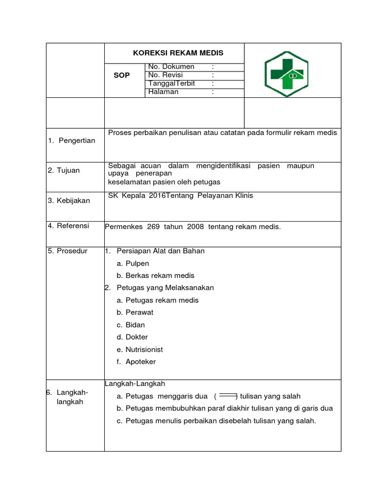 Sop Koreksi Rekam Medis PKM | PDF