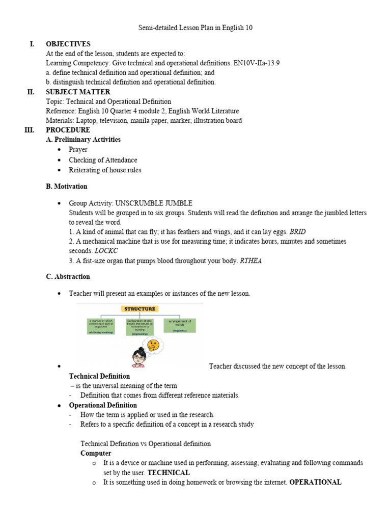 Lesson Plan: Technical vs Operational Definitions | PDF | Lesson Plan ...