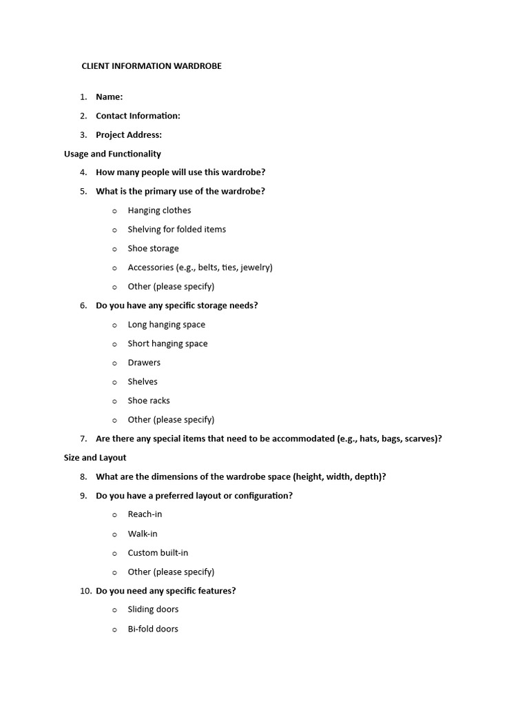 Client Wardrobe Design Questionnaire | PDF | Clothing