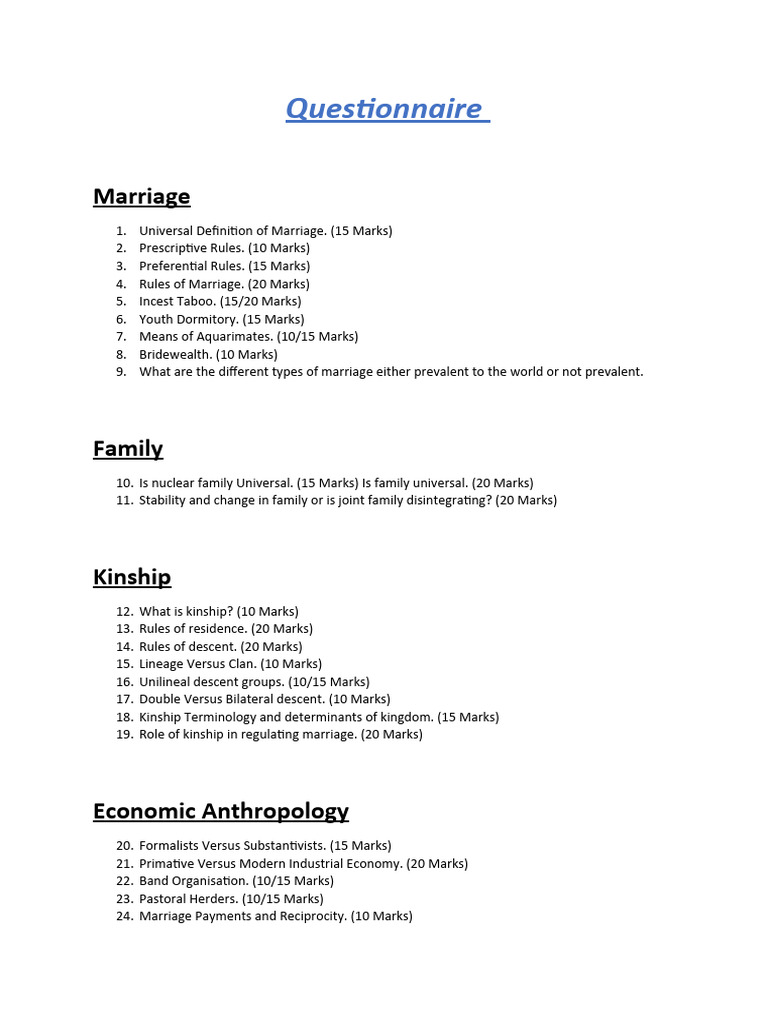 Marriage, Family, and Kinship Questionnaire | PDF | Social Science