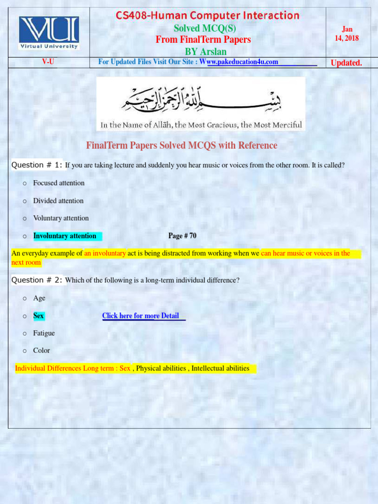 CS408 FinalTerm MCQs With Reference Solved by Arslan | PDF | Usability ...