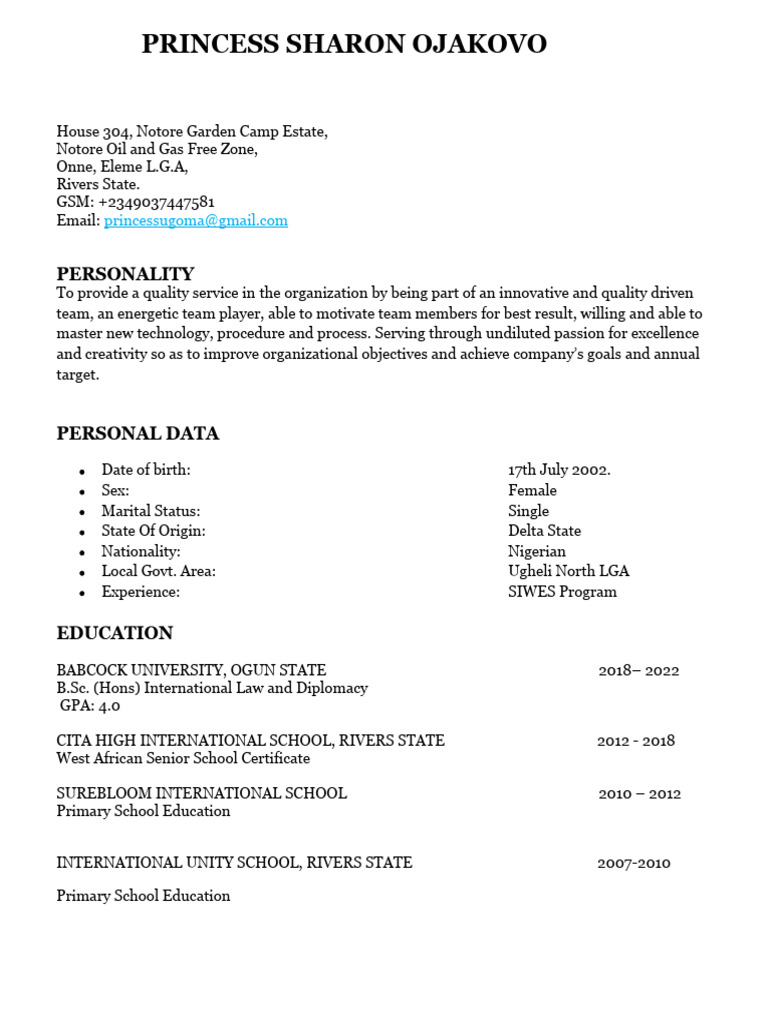 Princess Ojakovo Resume | PDF | Business