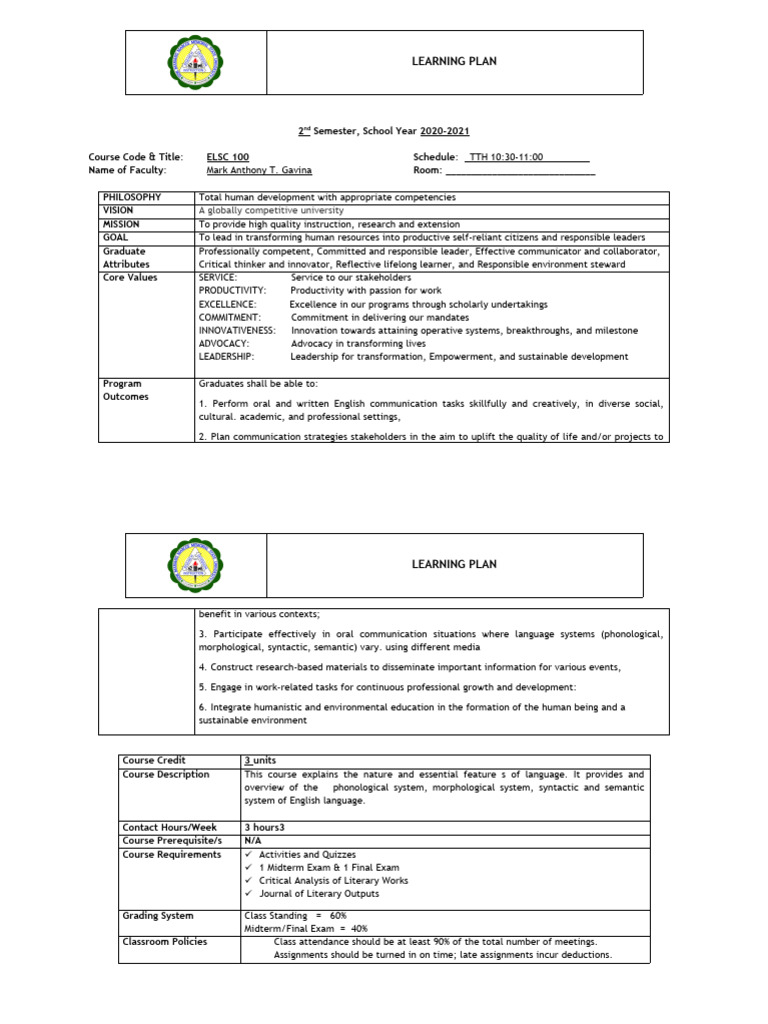 Learning Plan | PDF | Lecture | Tutorial