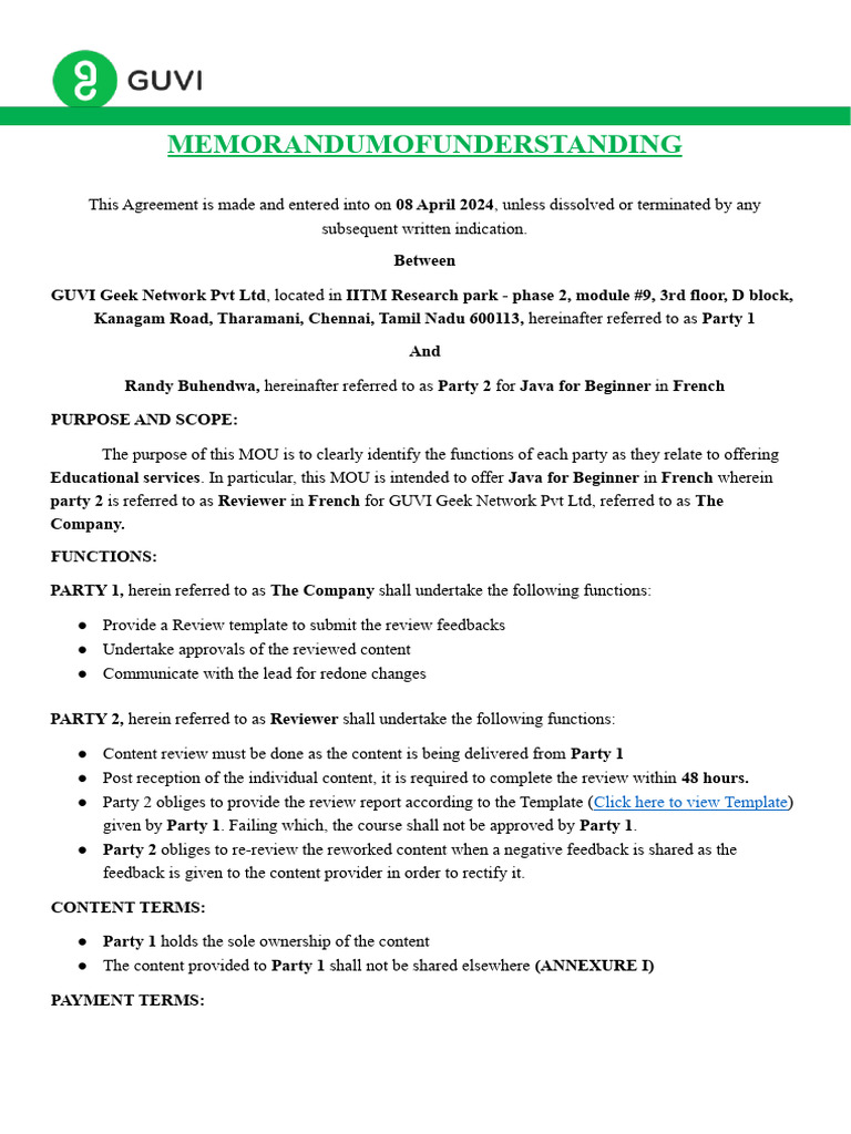 MOU - Core Java French - Reviewer Randy | PDF | Business Law | Private Law