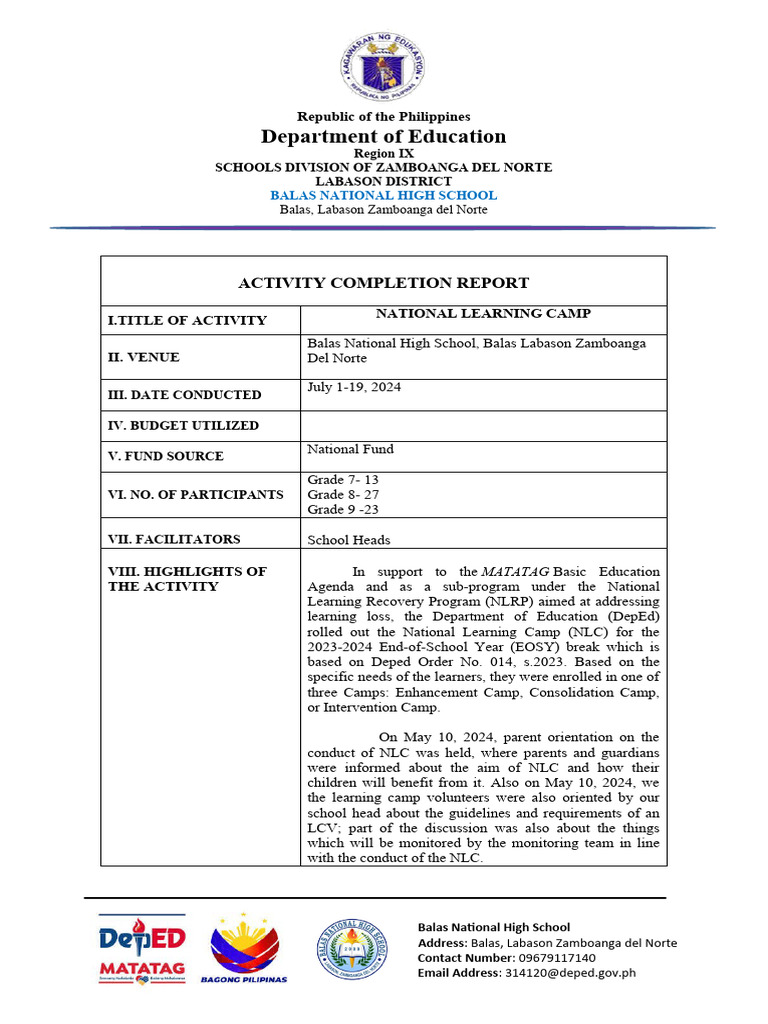 Balas NHS NLC Accomplishment Report 2024 TEJADA | PDF | Behavior ...