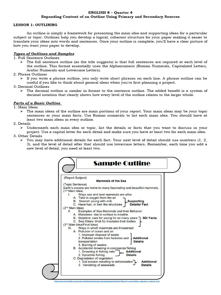 English 8 Outlining Primary and Secondary Sources | PDF