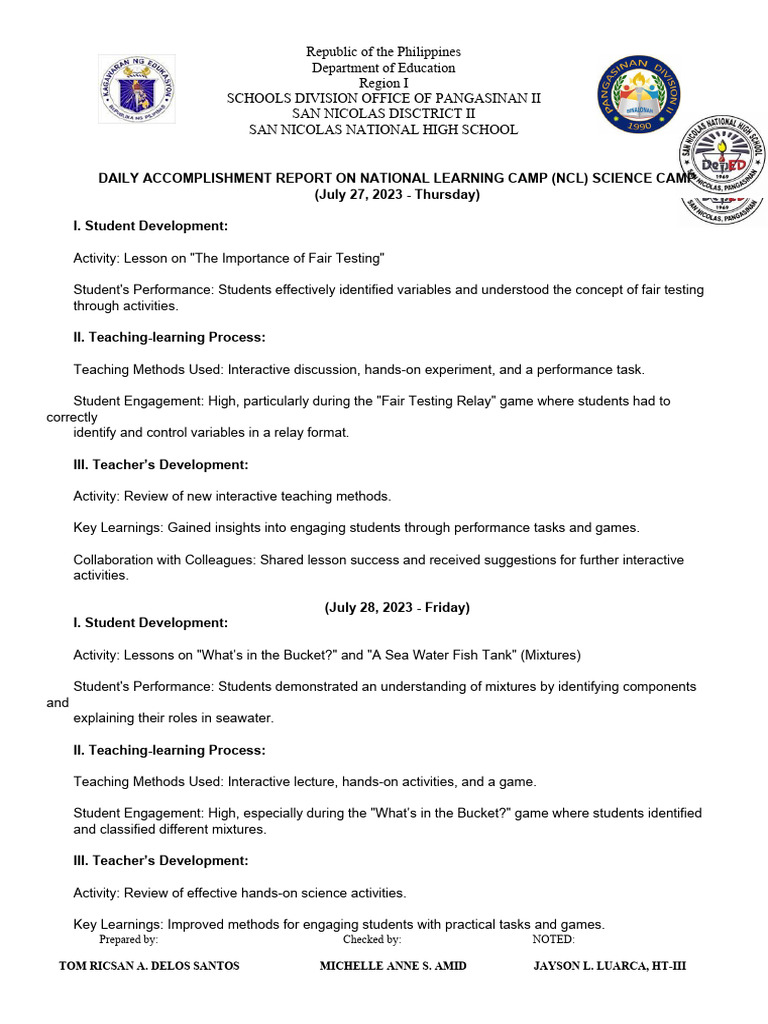 Daily Accomplishment Report NLC | PDF | Teaching Method | Ecosystem