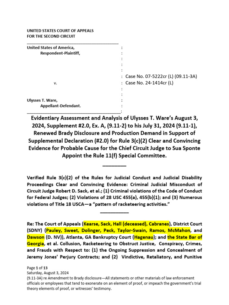 (9.11-3A) No. 24-1414 (08.03.24) Re Ulysses T. Ware's Supp. 2.0 To ...