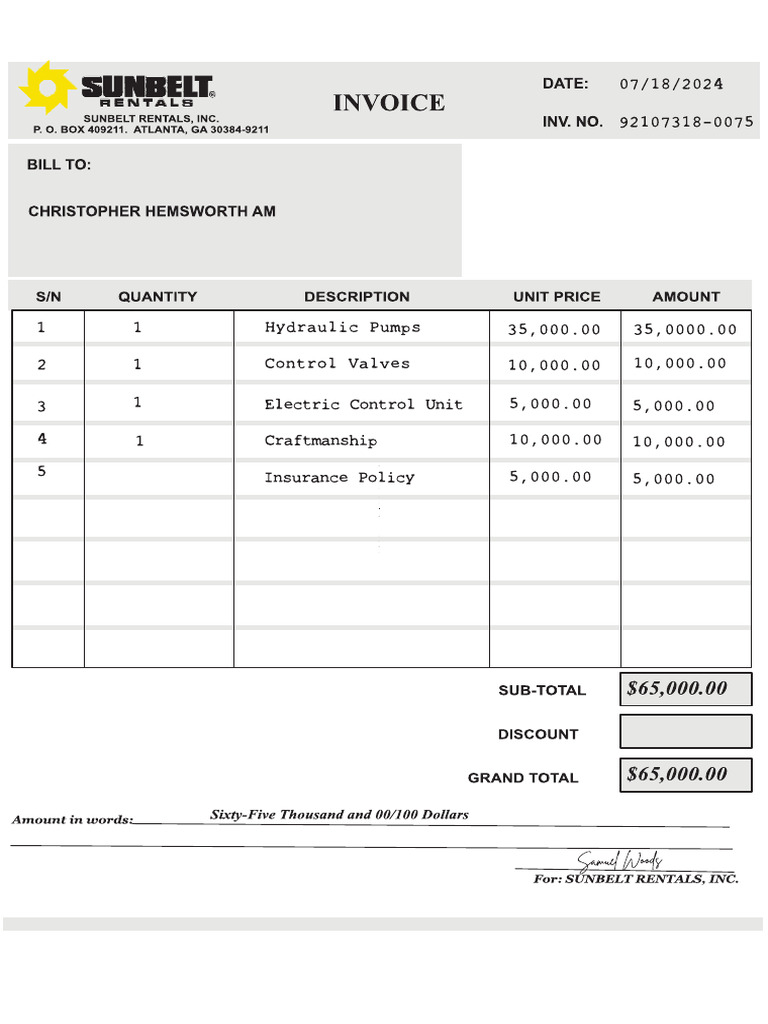Sunbelt Rentals, Inc - Invoice | PDF