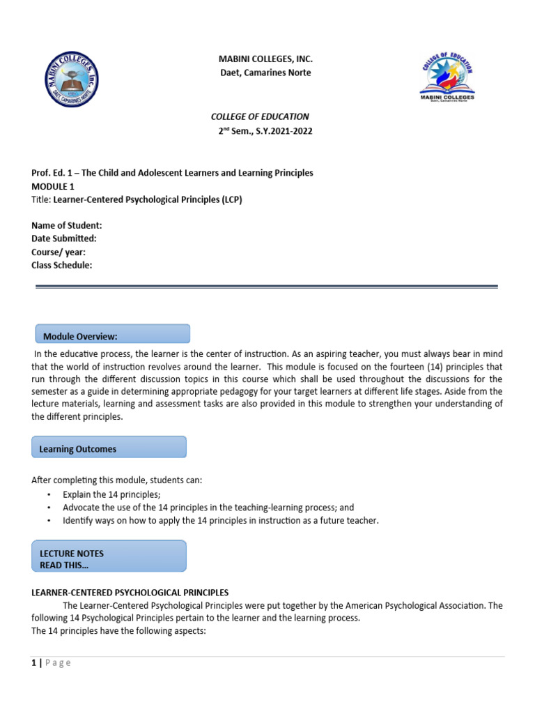 MOdule 1 Learner-Centered Psychological Principles | PDF | Learning | Educational Assessment