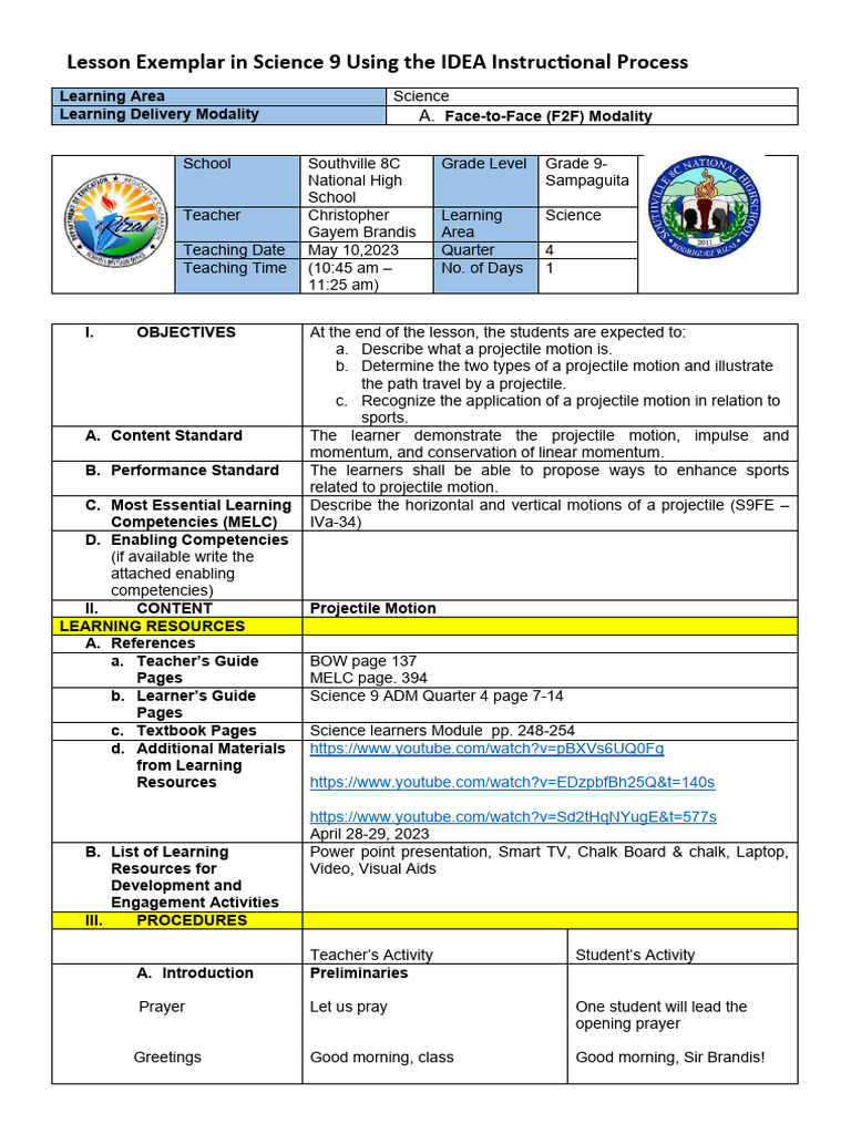 Projectile Motion LP | PDF | Learning | Behavior Modification