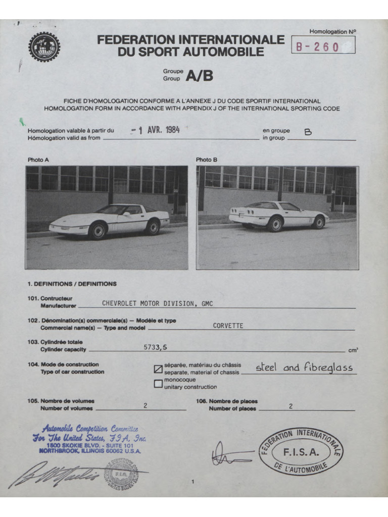 Homologation Form Number 260 Group Bcorvette | PDF | Injection (moteur ...