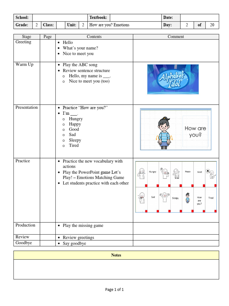 Second Grade Lesson Plan - Unit 2 - How Are You - Emotions (22JUN23) | PDF