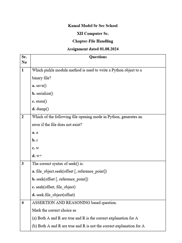 Assignment Xii Cs File Handling Dated 01 08 2024 Pdf Computer Science Software Engineering