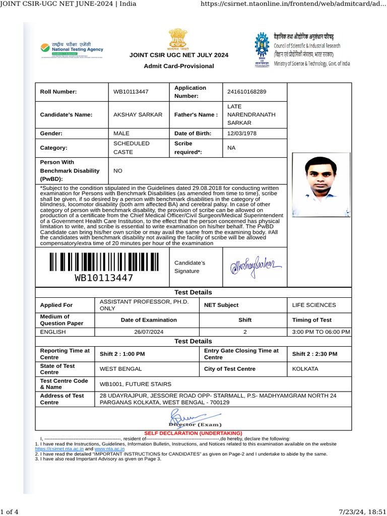 JOINT CSIR-UGC NET JUNE-2024 - India | PDF | Identity Document