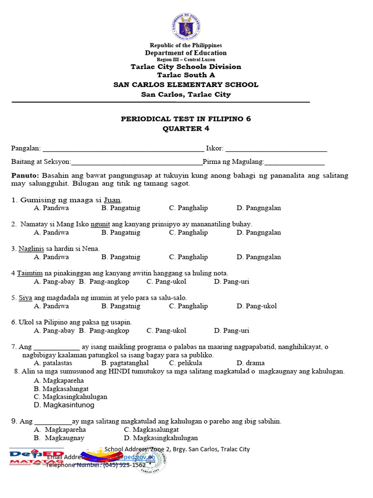 4th Periodical TEST fILIPINO 6 - 23-24 | PDF