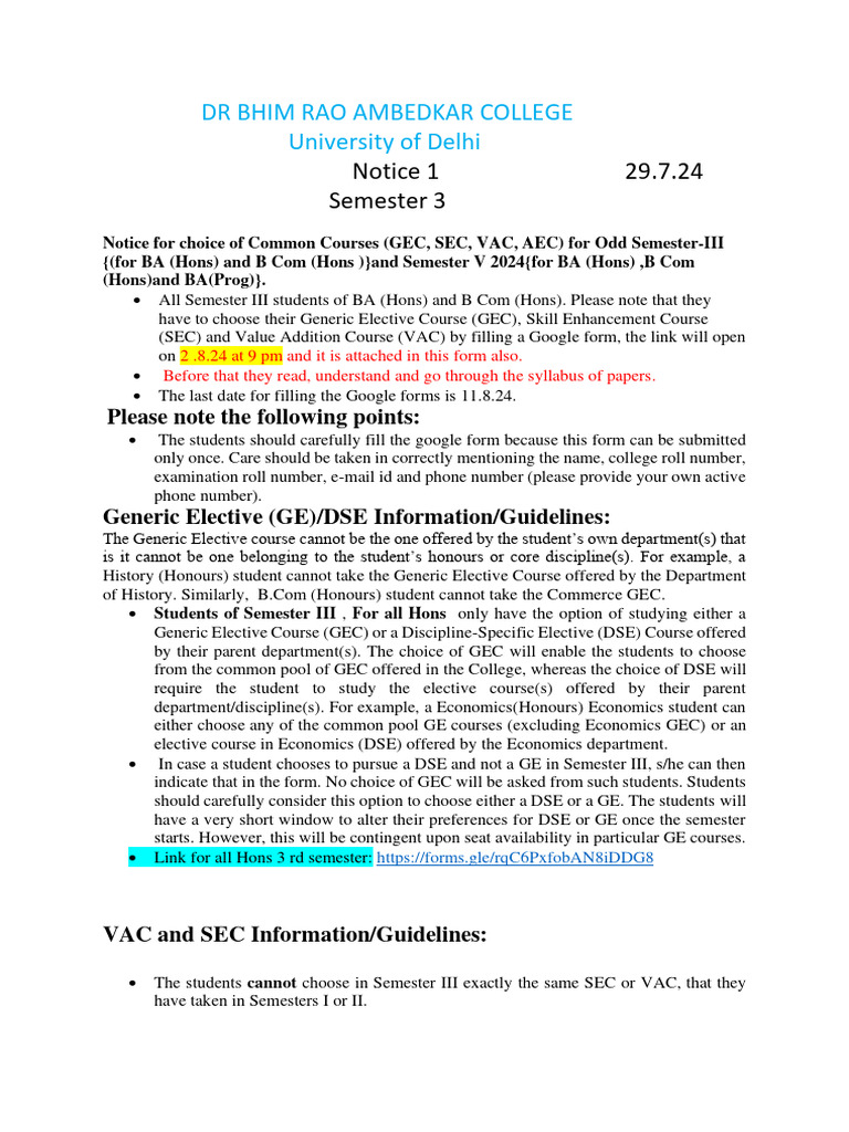 Semester III Course Selection Notice | PDF | Bachelor Of Arts | Science