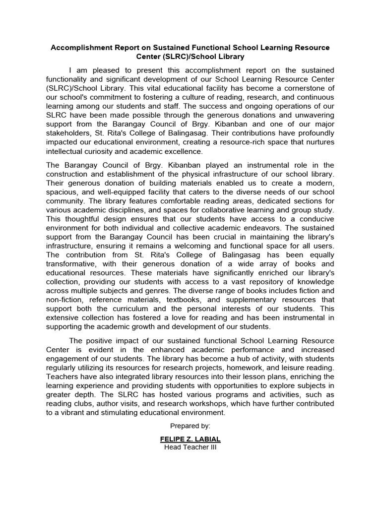 SLRC Accomplishment Report 2023 | PDF | Libraries | School Library