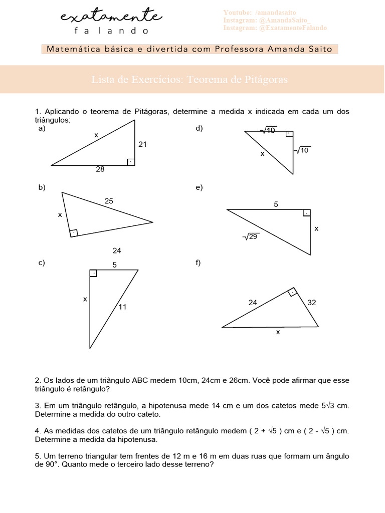 LISTA - Teorema de Pitágoras | PDF | Triângulo | Geometria Elementar
