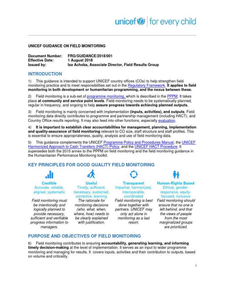 UNICEF Field Monitoring Guidance | PDF | Evaluation | Unicef