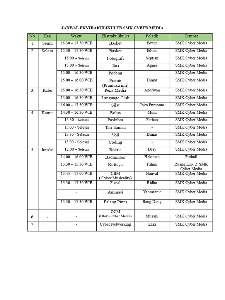 Jadwal Ekstrakurikuler | PDF