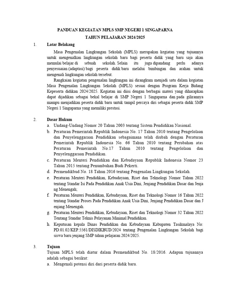 Panduan MPLS SMP Negeri 1 Singaparna 2024 | PDF