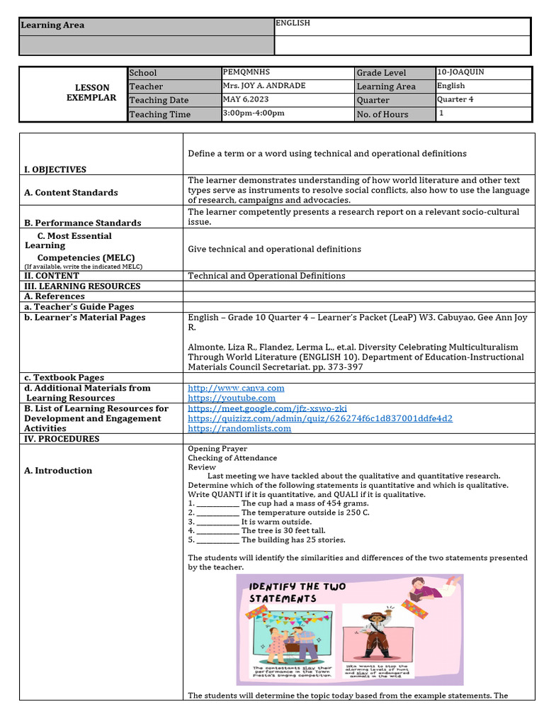 Technical and Operational Definitions Lesson | PDF | Question | Learning