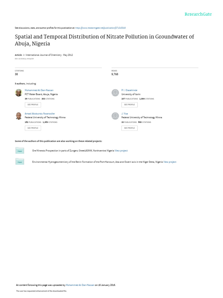 2012 Spatial And Temporal Distribution Of Nitrate Pollution In Abuja Pdf River