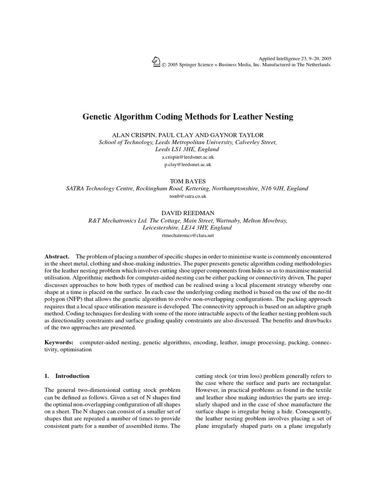 2005 Crispin-Genetic Algorithm Coding Methods For Leather Nesting | PDF | Genetic Algorithm ...