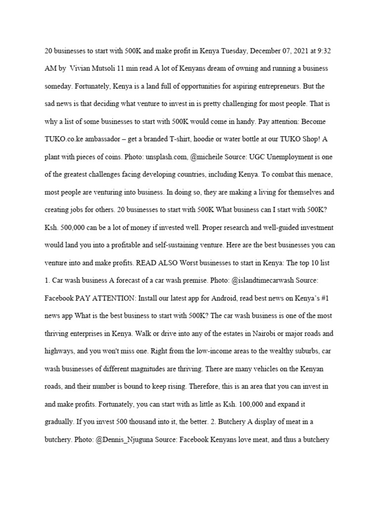 20 Businesses To Start With 500K and Make Profit in Kenya Tuesday | PDF ...