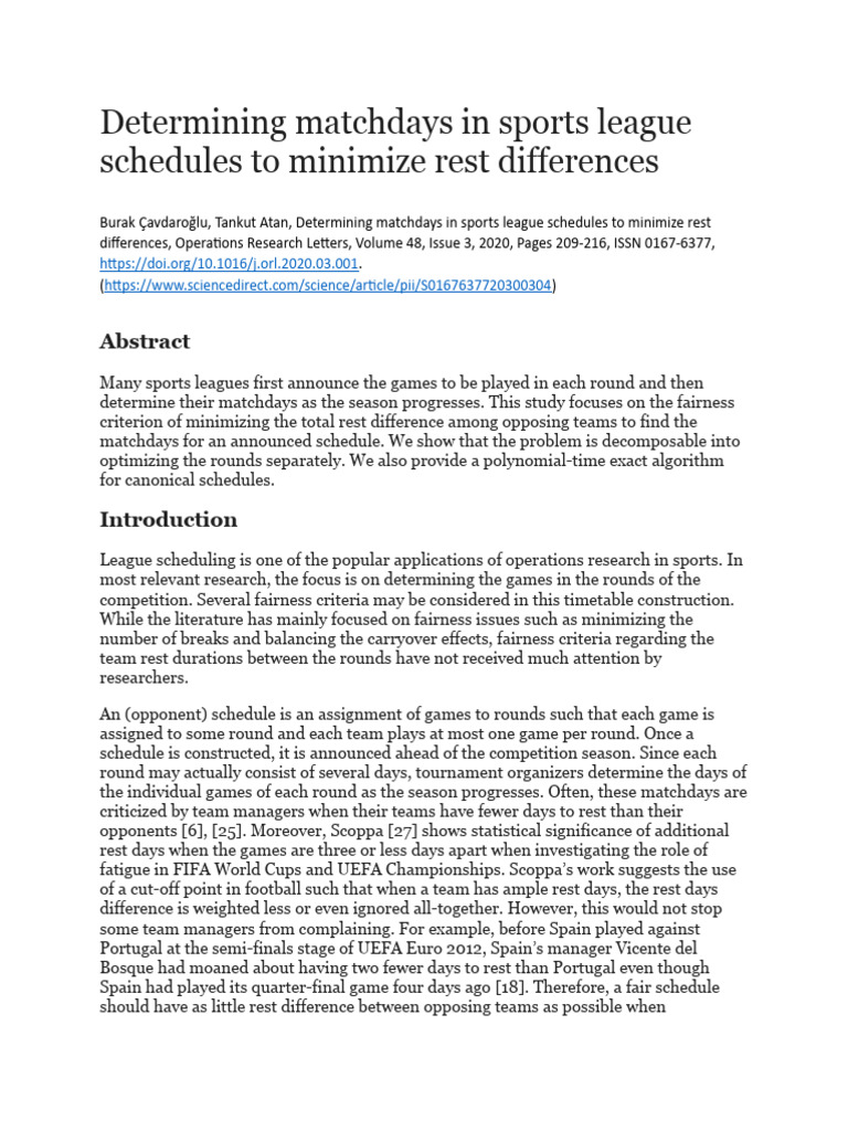 Determining Matchdays in Sports League Schedules To Minimize Rest ...