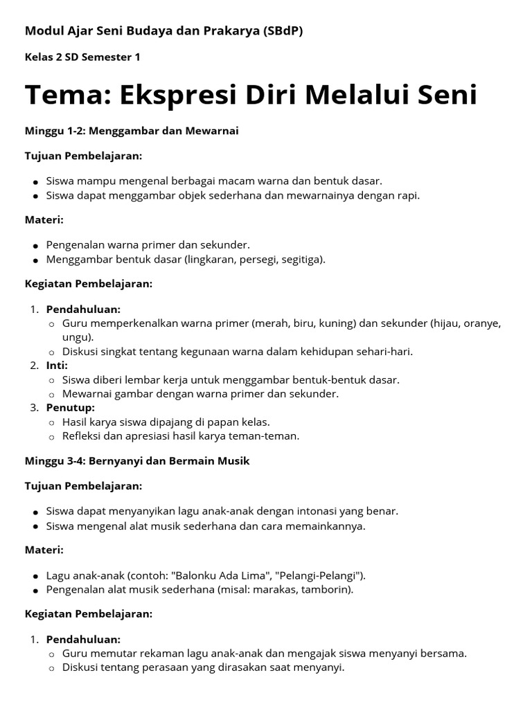 Modul Ajar SBdP Kelas 2 Semester 1 | PDF | Seni & Disiplin Bahasa | Griya & Taman
