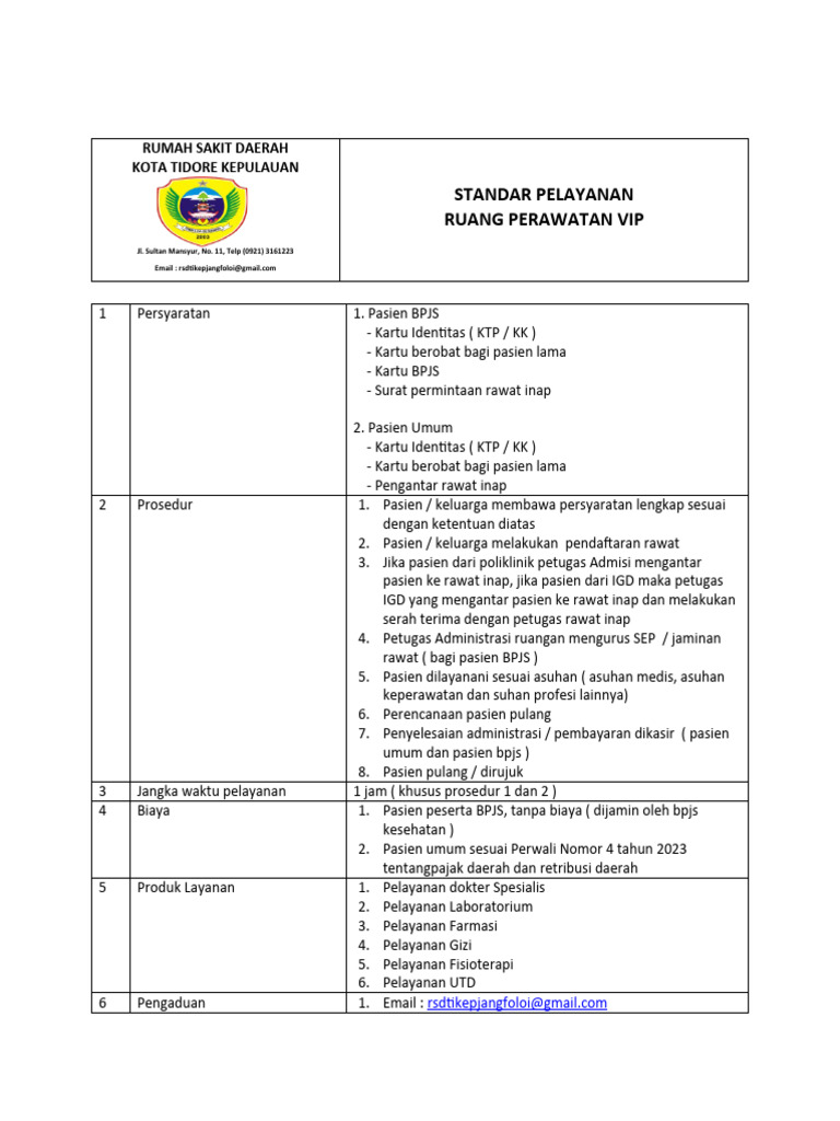 Standar Pelayanan Ruang VIP Rumah Sakit | PDF