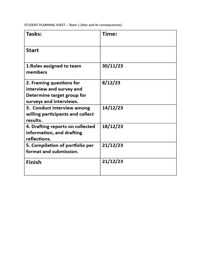 Student Planning Sheet Team 1 | PDF