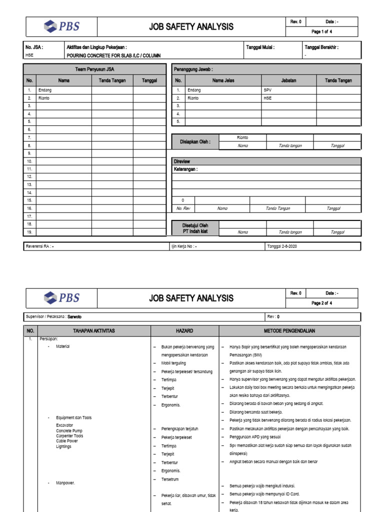 JSA - 55 - 01 (Pouring Concrete For Slab and Bondex) | PDF