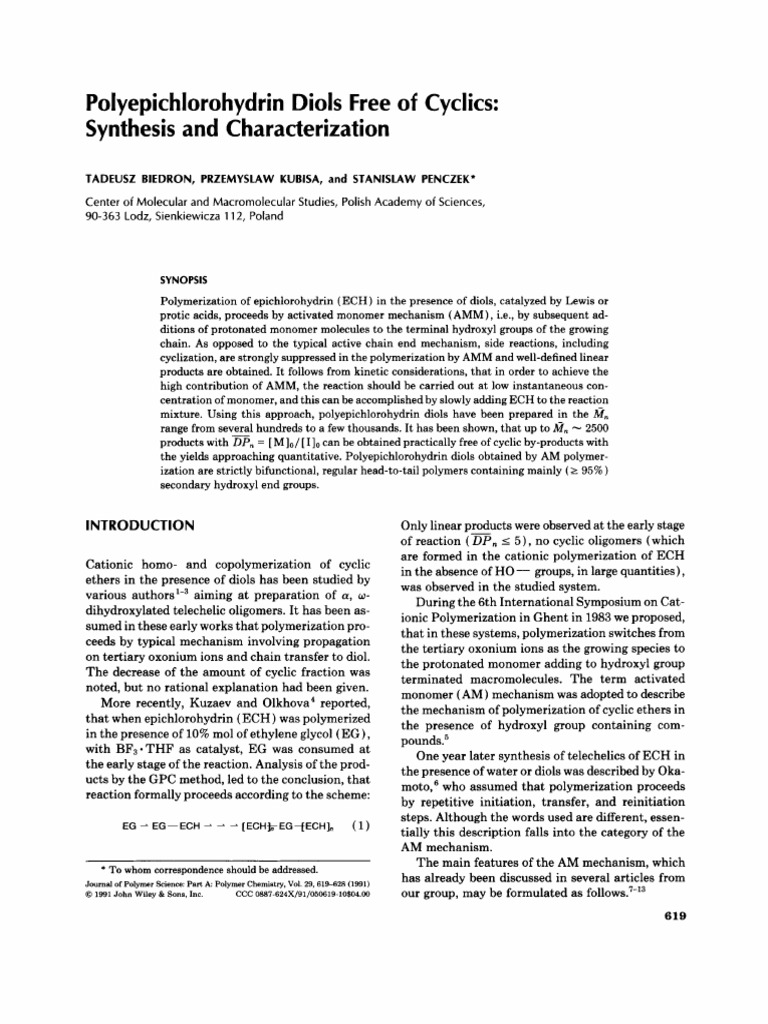 Polyepichlorohydrin Diols Free of Cyclics: Synthesis and ...