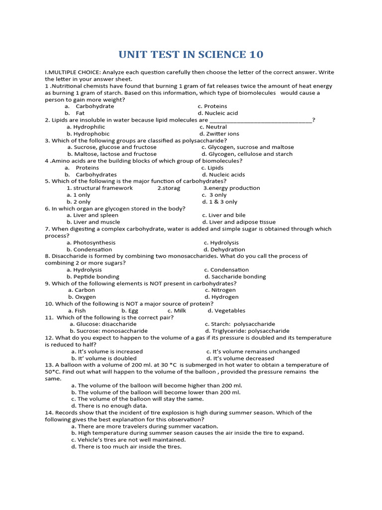 Science 10 Unit Test: Biomolecules & Gas Laws | PDF | Carbohydrates | Gases