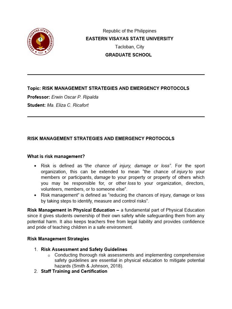 Ricafort Handout Risk Management Strategies and Emergency Protocols | PDF | Risk Management | Risk