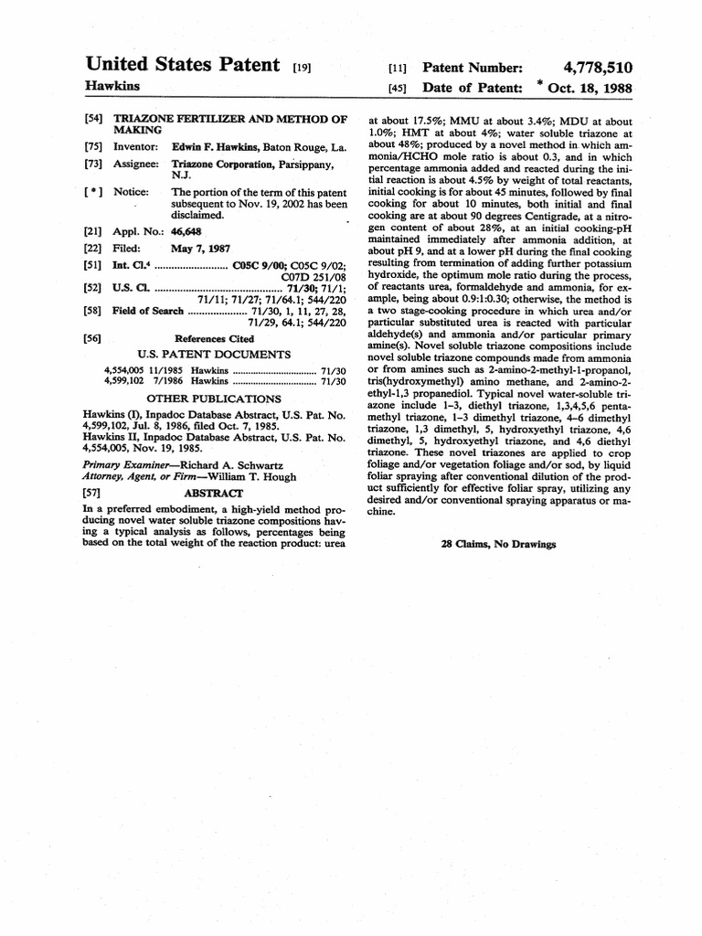 US4778510 Fertilizer Triazone | PDF | Ammonia | Urea