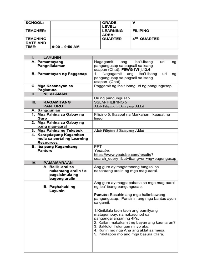LESSON-PLAN-IN-FILIPINO-5 For Cot | PDF