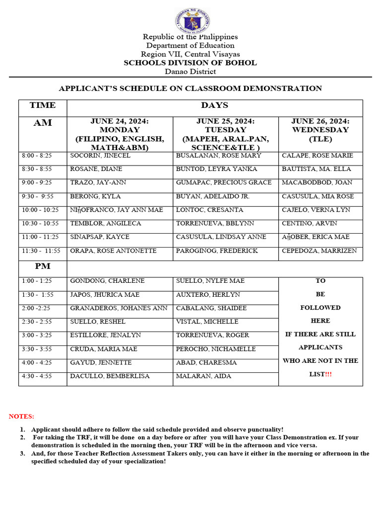 Classroom Demonstration Schedule 2024 | PDF